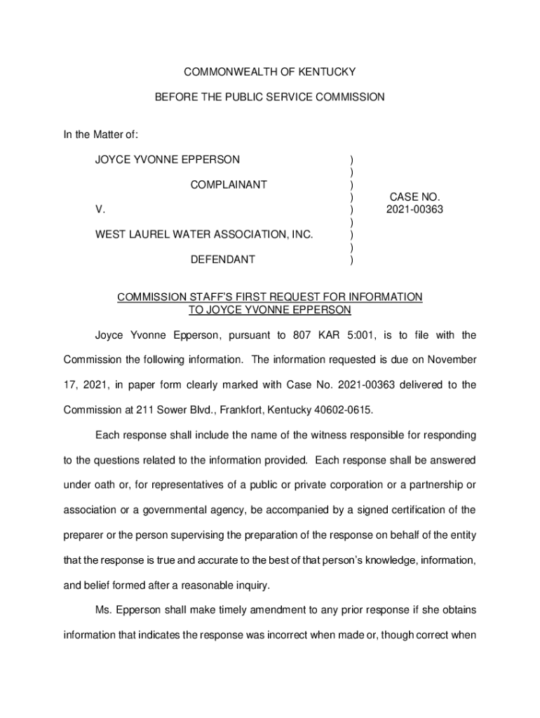 Fillable Online psc ky JOYCE YVONNE EPPERSON COMPLAINANT V. WEST ...