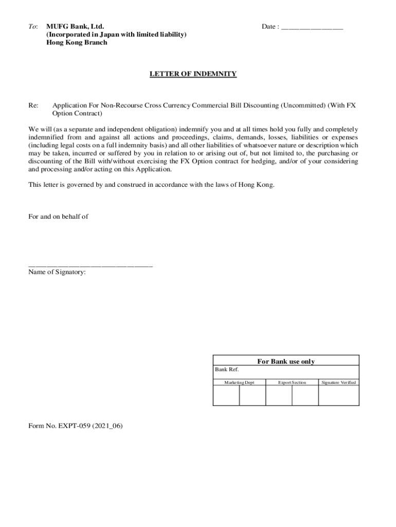 Fillable Online LETTER OF INDEMNITY APPLICATION FOR LETTER OF ... Fax ...