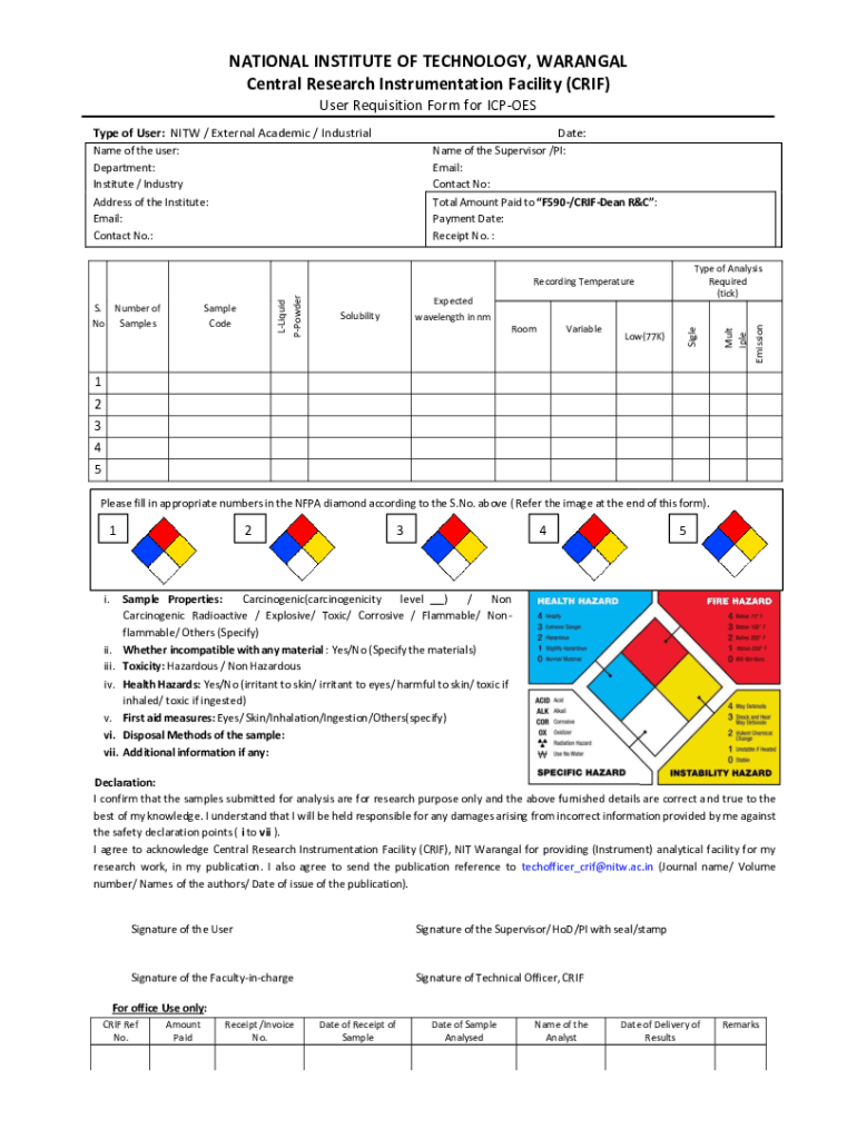 Fillable Online User Requisition Form for ICP-OES - NIT, Warangal Fax ...