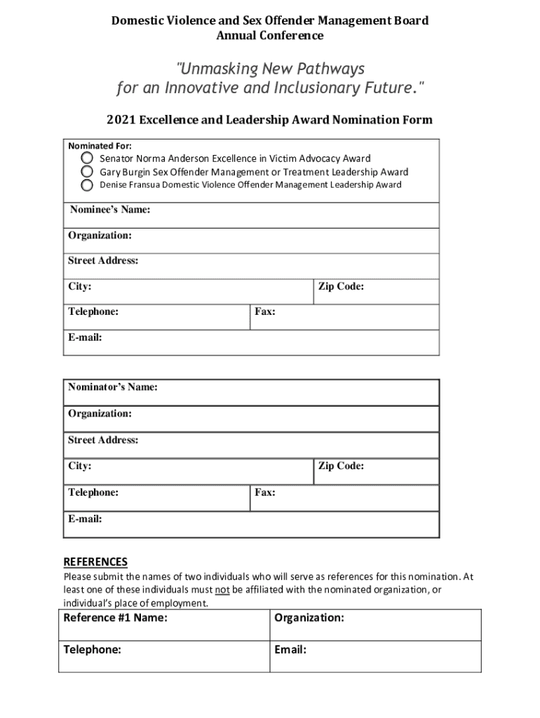 Fillable Online 2021 Excellence and Leadership Award Nomination Form ...