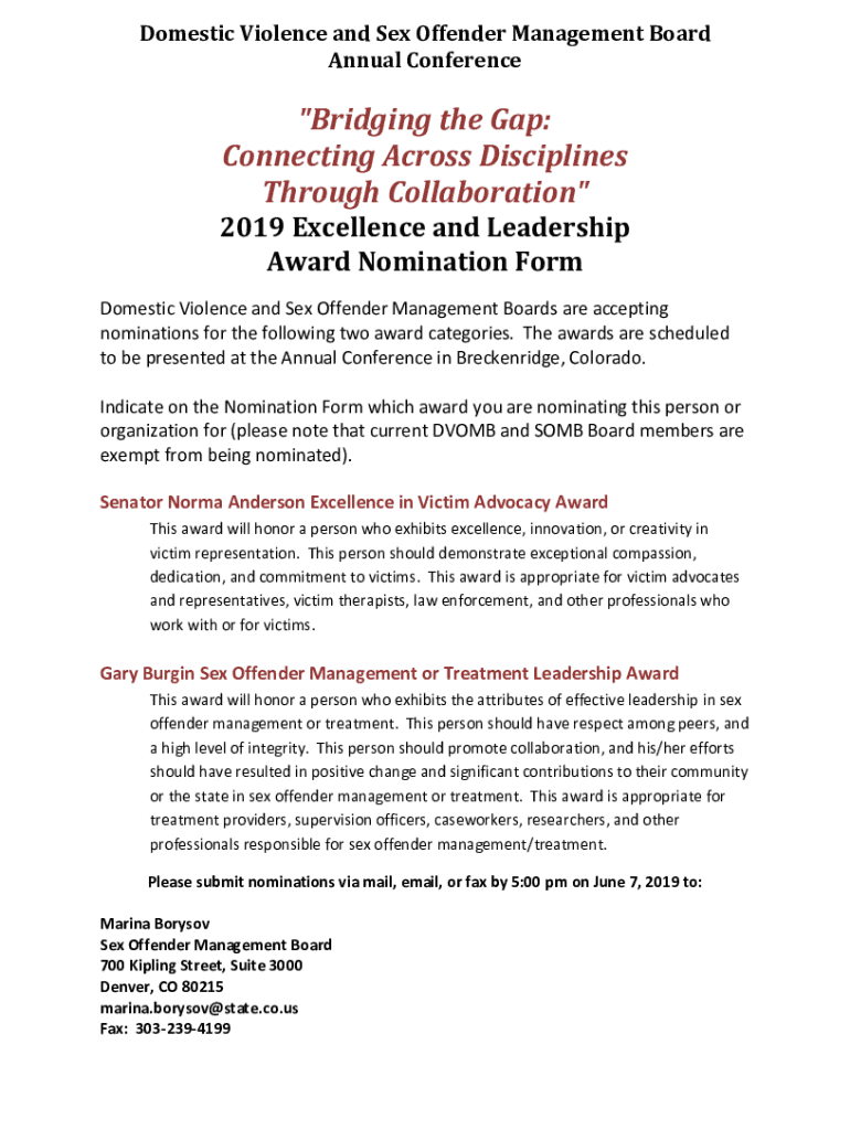 Fillable Online 2019 Excellence and Leadership Award Nomination Form ...