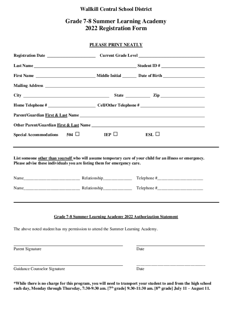 Fillable Online Grade 7-8 Summer Learning Academy 2022 Registration Form Fax Email Print - pdfFiller
