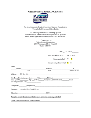 Fillable Online WEBER COUNTY BOARD APPLICATION Date Fax Email Print - pdfFiller