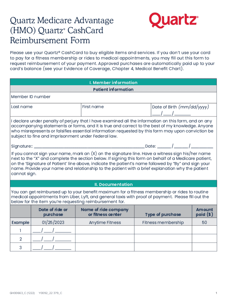 Fillable Online QMA Quartz CashCard Reimbursement Form Fax Email Print ...