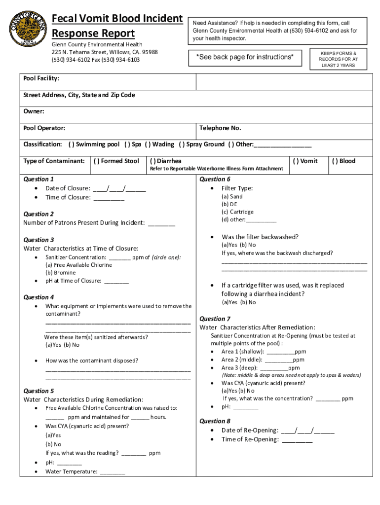 Fillable Online Fecal, Vomit, Blood Incident Response Report Form Fax ...