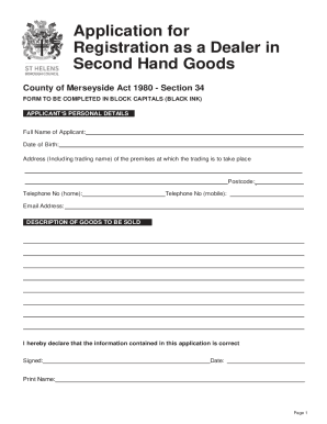 Fillable Online Application for Registration as a Dealer in Second Hand ...