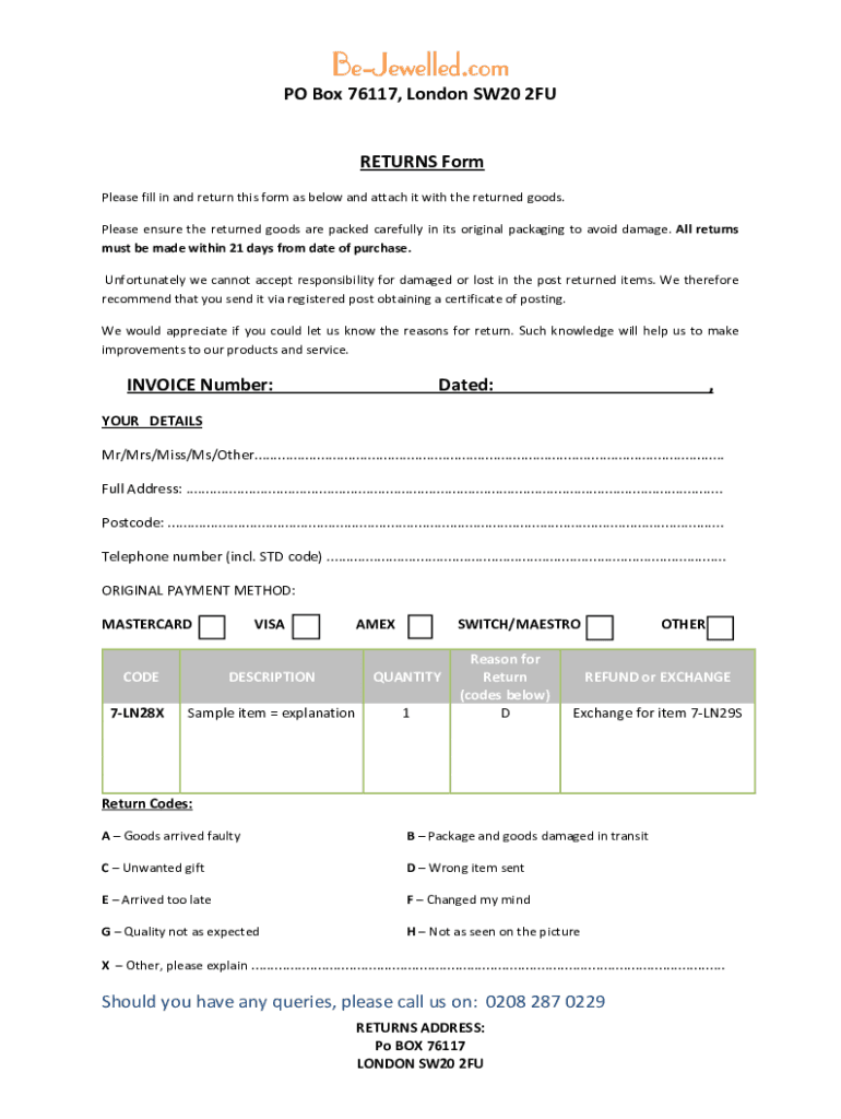 Fillable Online sites create-cdn PO Box 76117, London SW20 2FU RETURNS ...