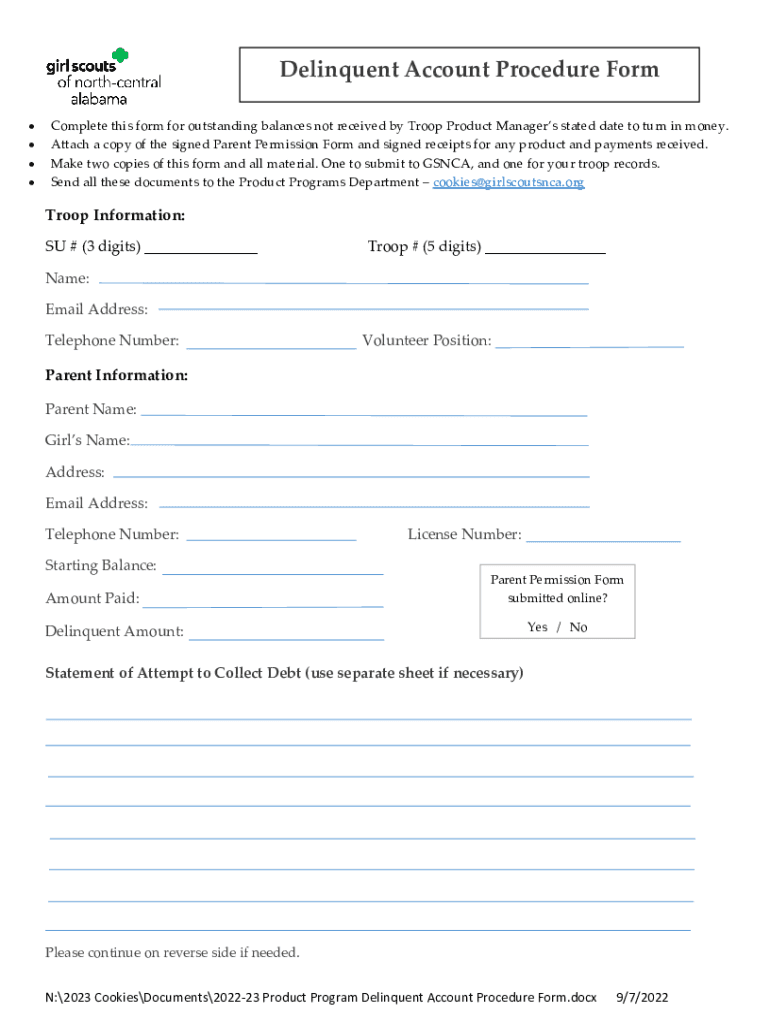 Fillable Online Delinquent Account Procedure Form Fax Email Print ...