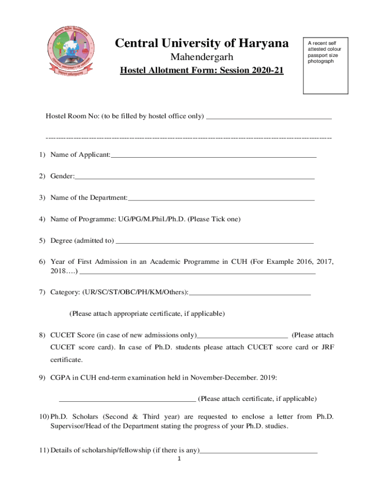 Fillable Online Hostel Allotment Form - Central University of Haryana ...