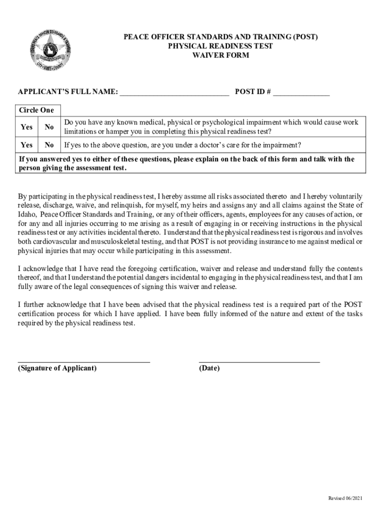Fillable Online isp idaho Physical Readiness Test Waiver Form Applicant ...