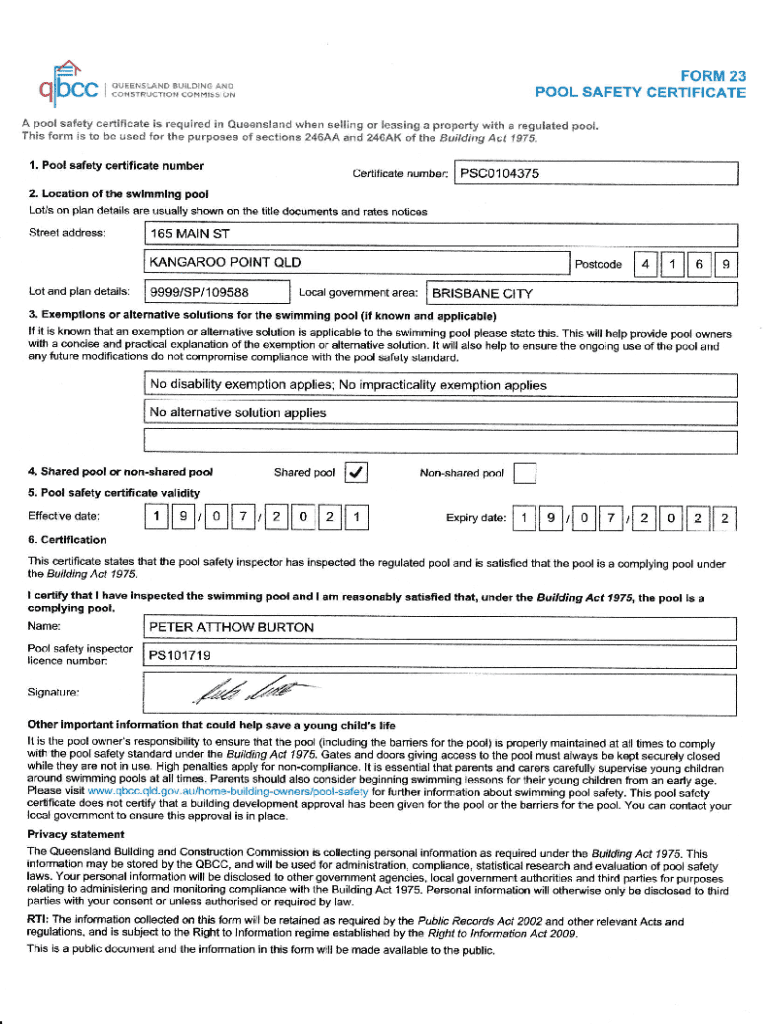 Fillable Online FORM 23 POOL SAFETY CERTIFICATE - Prestige Residential ...