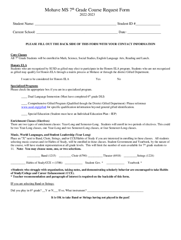 Fillable Online Mohave MS 7th Grade Course Request Form Fax Email Print - pdfFiller