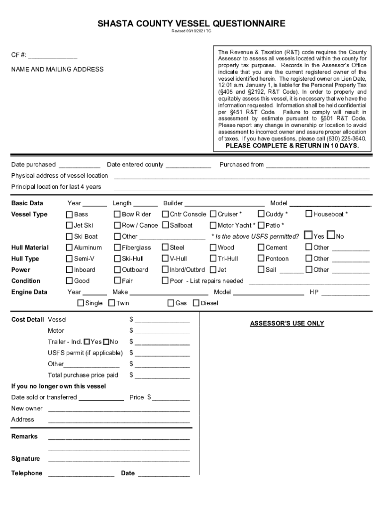Fillable Online Vessel QuestionnaireAssessor Government Form in Shasta ... Fax Email Print ...