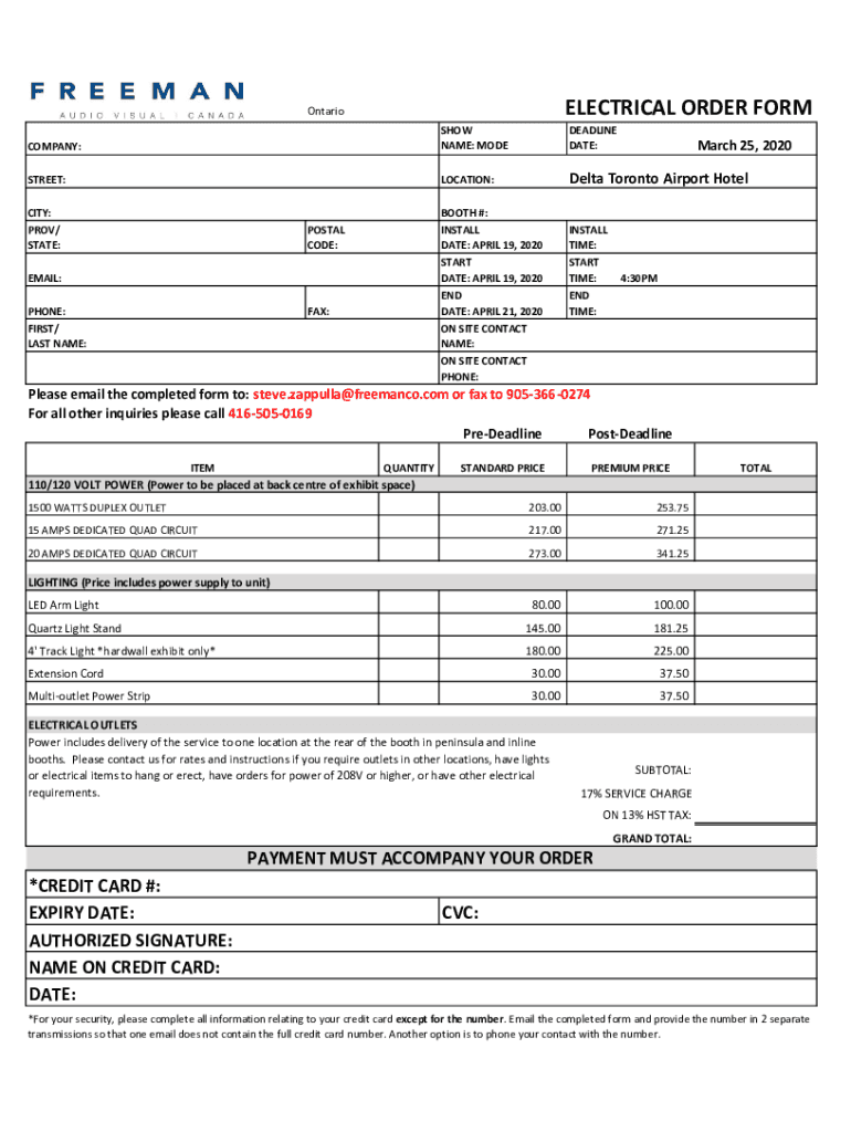 Fillable Online Ontario BIA Association (OBIAA) - Electrical Order Form ...