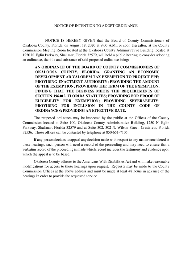 Fillable Online notice of intention to adopt ordinance - Okaloosa ...