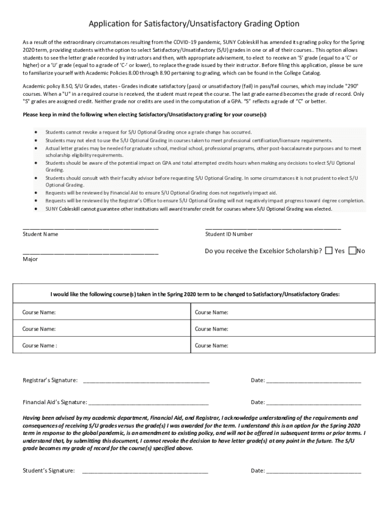 Fillable Online Application for Satisfactory/Unsatisfactory Grading ...
