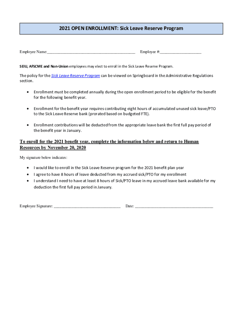 Fillable Online Sick Leave Pool Open EnrollmentOffice of Human Resources Fax Email Print - pdfFiller