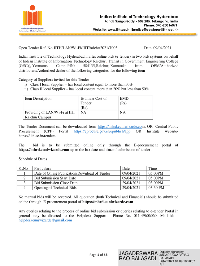 Fillable Online open tender - IIT Hyderabad Fax Email Print - pdfFiller