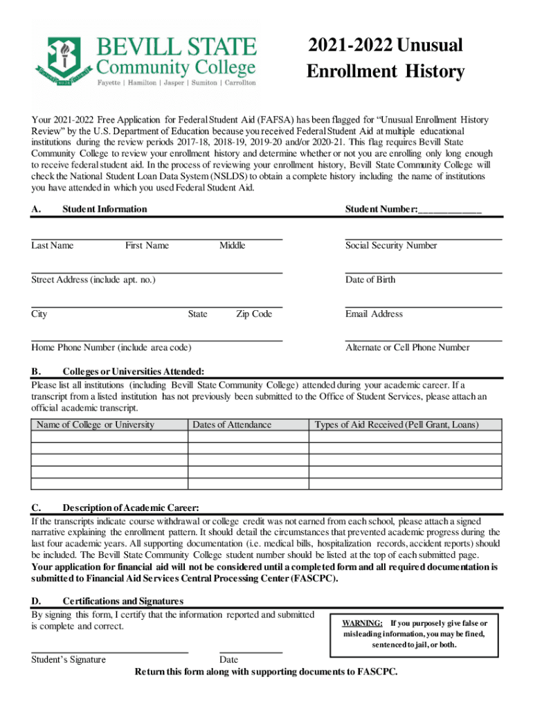 Fillable Online 20212022 Unusual Enrollment History FormElms College Fax Email Print - pdfFiller