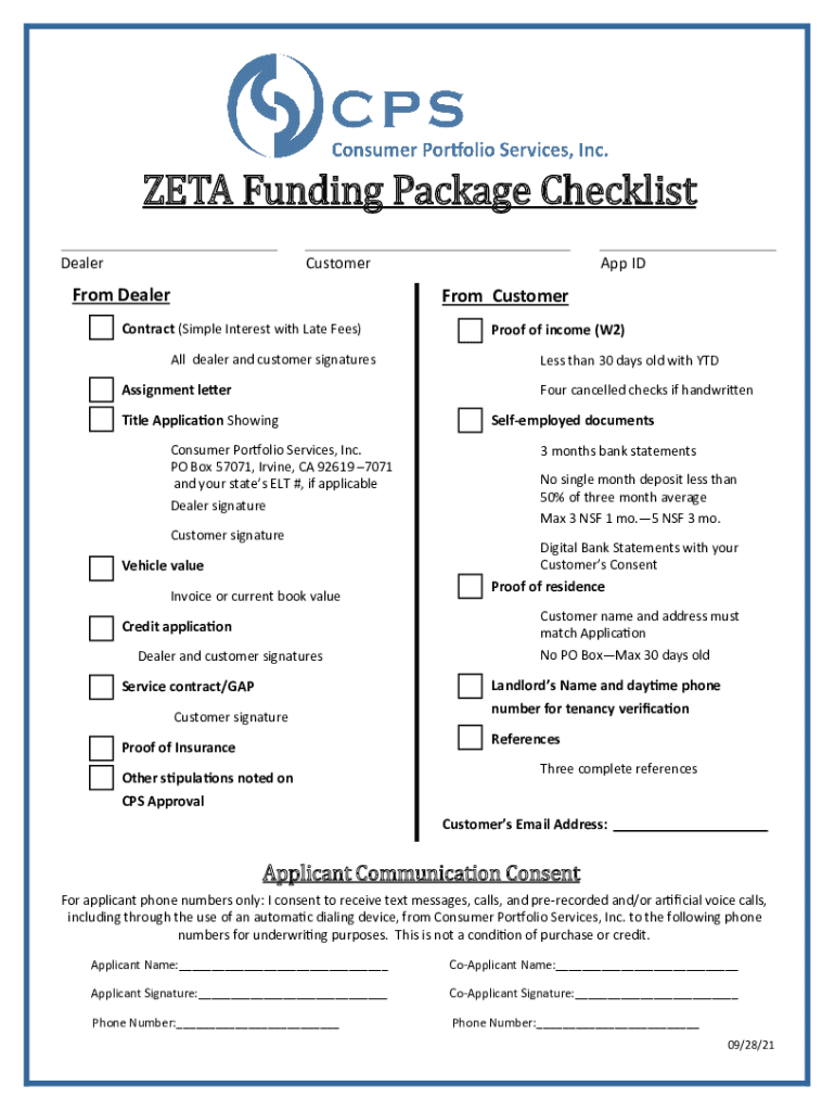Fillable Online ZETA Funding Package Checklist - Consumer Portfolio ...