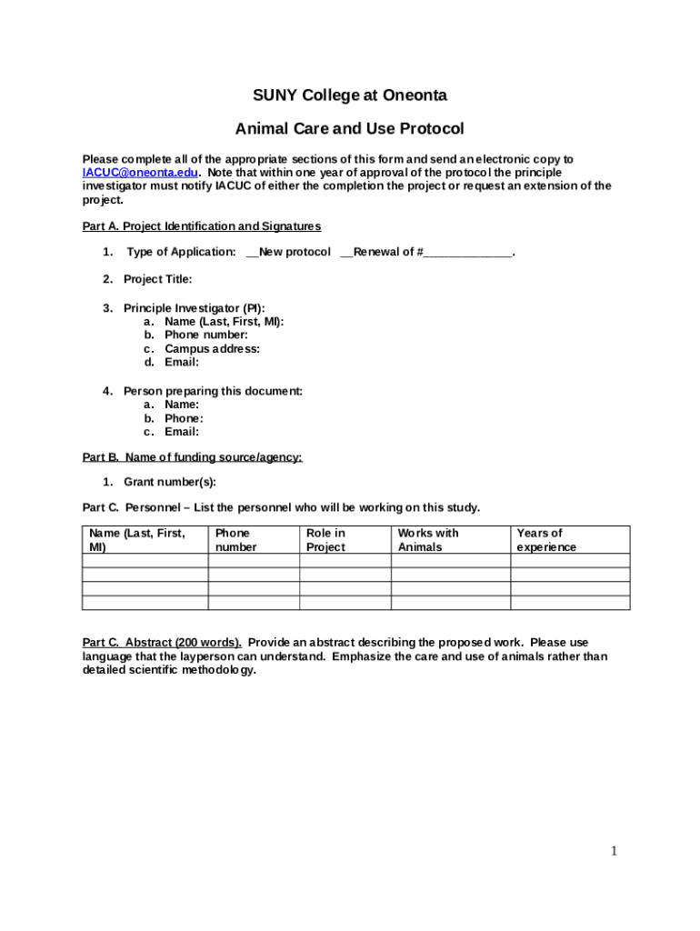 Animal Care and Use Protocol - SUNY Oneonta Doc Template | pdfFiller