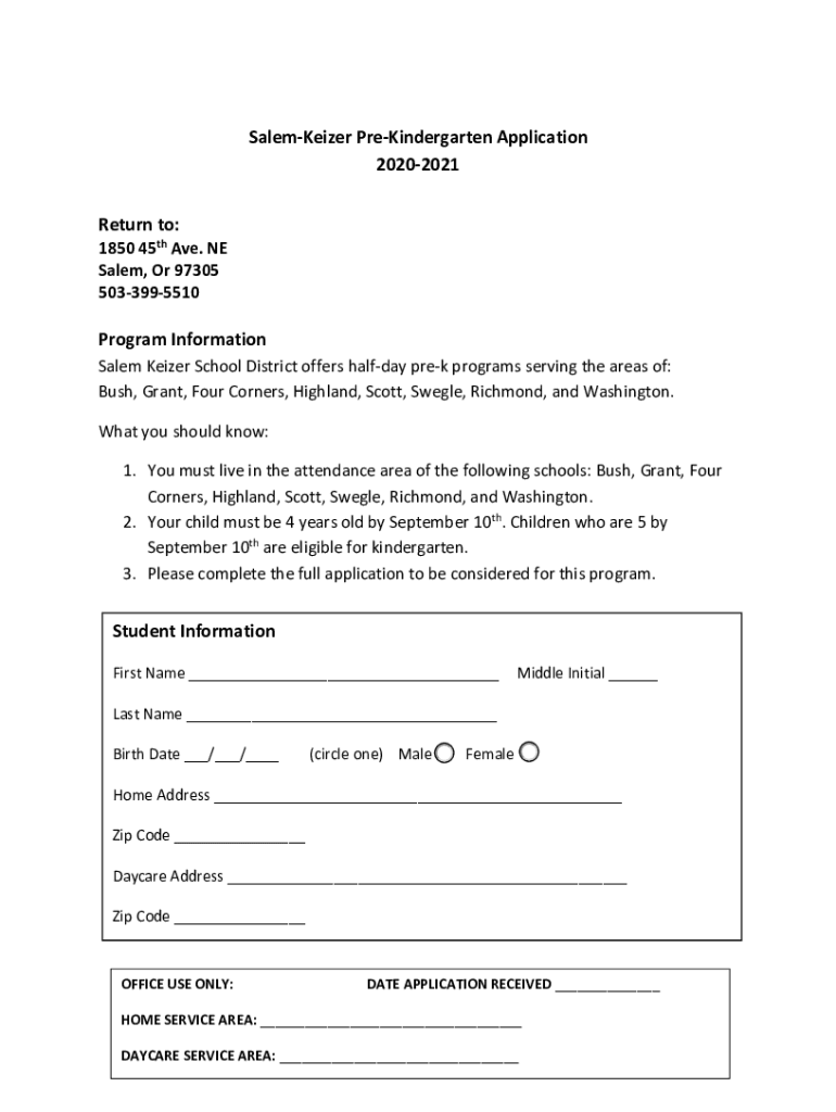 Fillable Online salkeiz k12 or Salem-Keizer Pre-Kindergarten Application 2020-2021 Return to Fax ...
