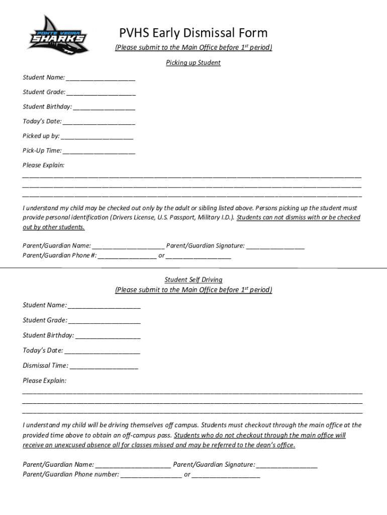 Fillable Online www-pvhs stjohns k12 fl PVHS Early Dismissal Form Fax ...