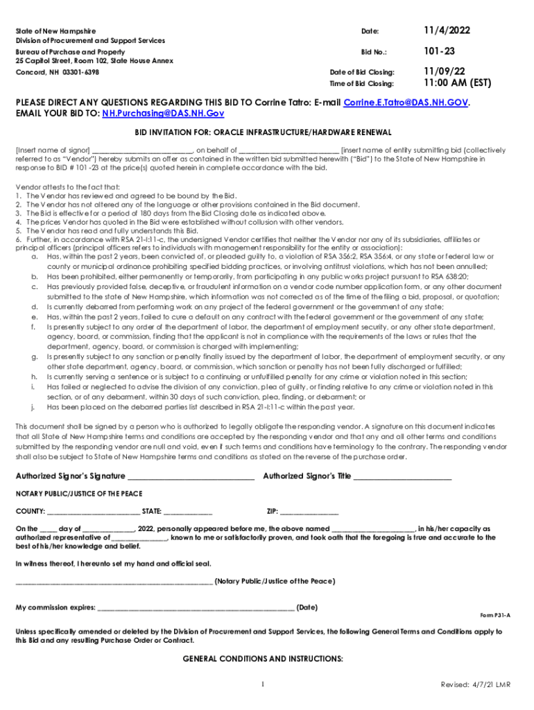 Fillable Online BID INVITATION FOR: ORACLE INFRASTRUCTURE/HARDWARE ...