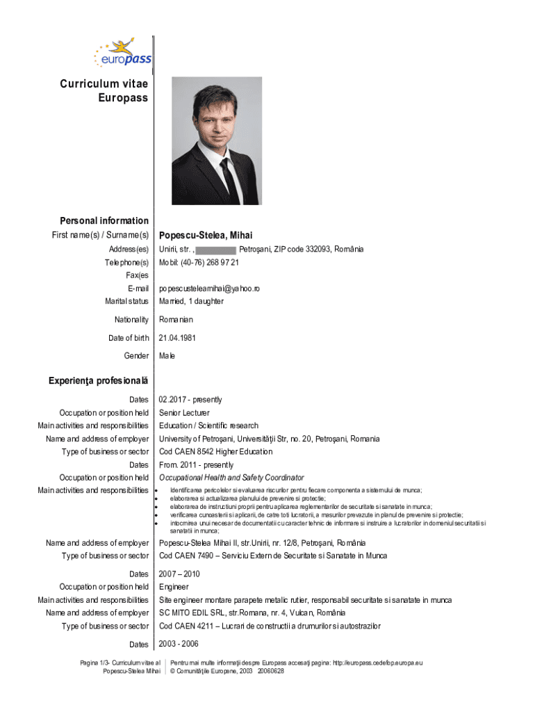 Fillable Online CV.Popescu-Stelea.Mihai.EN.pdf - Curriculum vitae Europass Fax Email Print ...