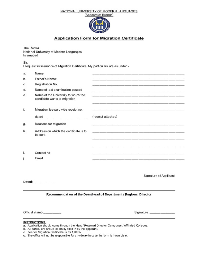Fillable Online numl edu Application Form for Migration Certificate ...