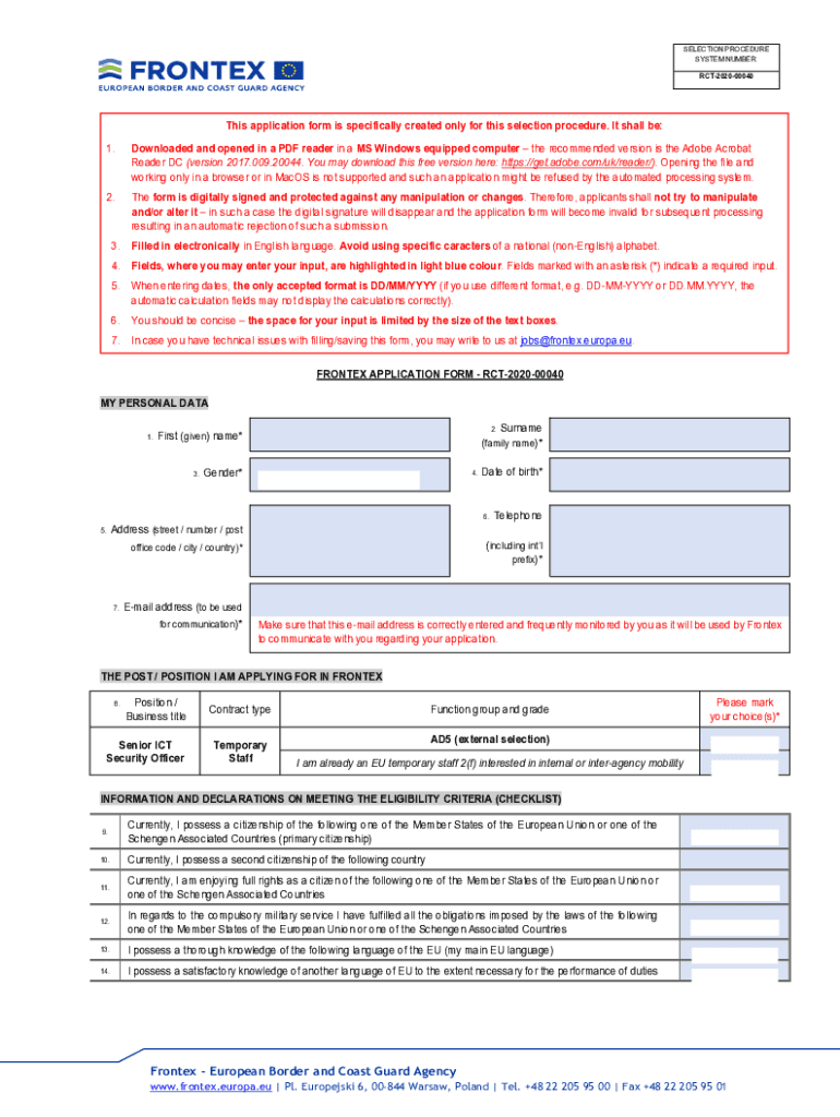 Fillable Online Application form Senior ICT Security Officer RCT-2020 ...