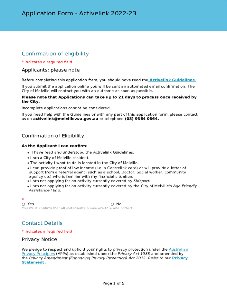 Fillable Online Application Form - Activelink 2022-23City of Melville Fax Email Print - pdfFiller
