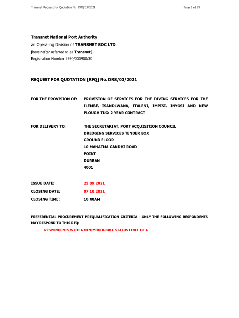 Fillable Online Transnet National Port Authority an Operating Division ...