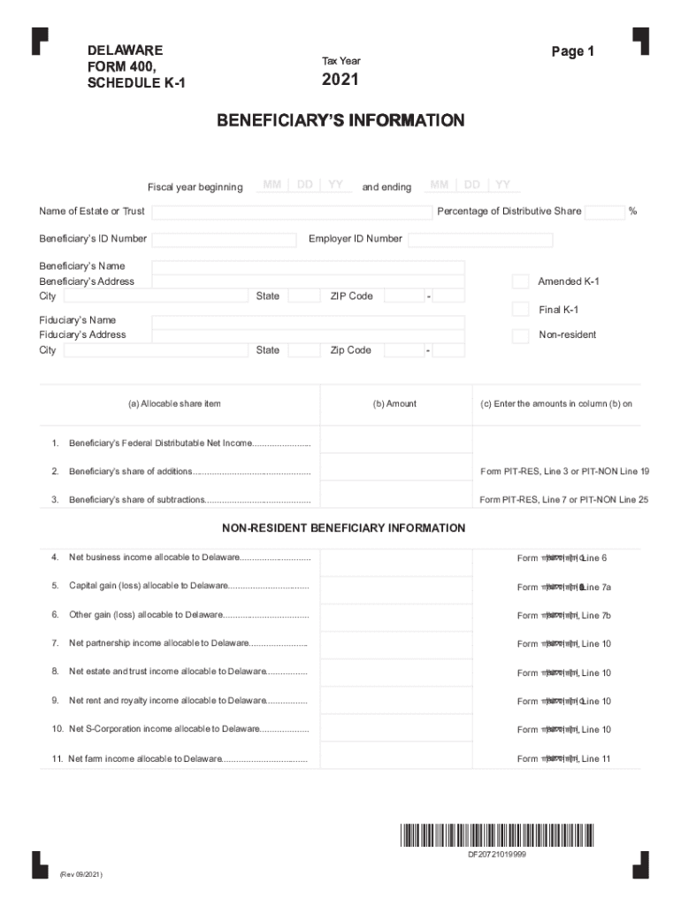 Fillable Online Delaware Form 400 Schedule K-1 (Schedule K-1) Fax Email ...