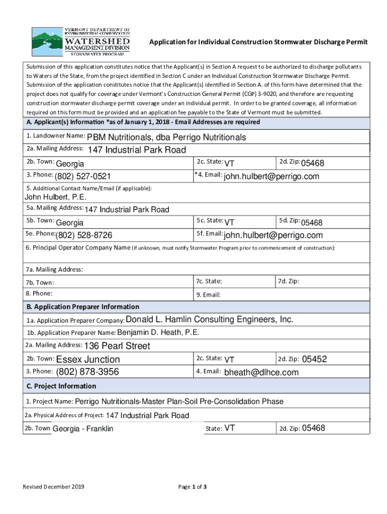 Fillable Online Application for Individual Construction Stormwater ...
