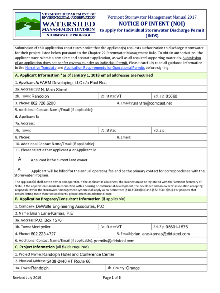 Fillable Online NOTICE OF INTENT (NOI)Vermont Stormwater Management ...