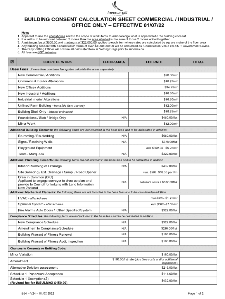 Fillable Online icc govt B54-Building-Consent-fee-calculation-sheet-Commercial-1 ... Fax Email ...