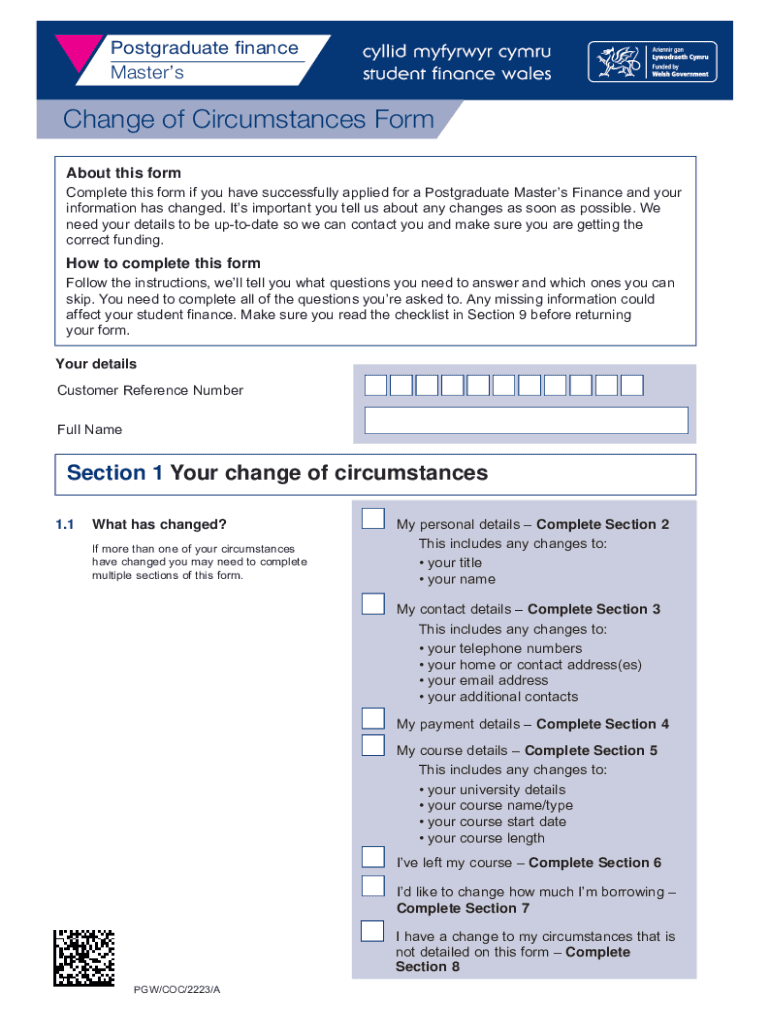 Fillable Online Postgraduate Master's Loan - Change of Circumstances Form Fax Email Print ...