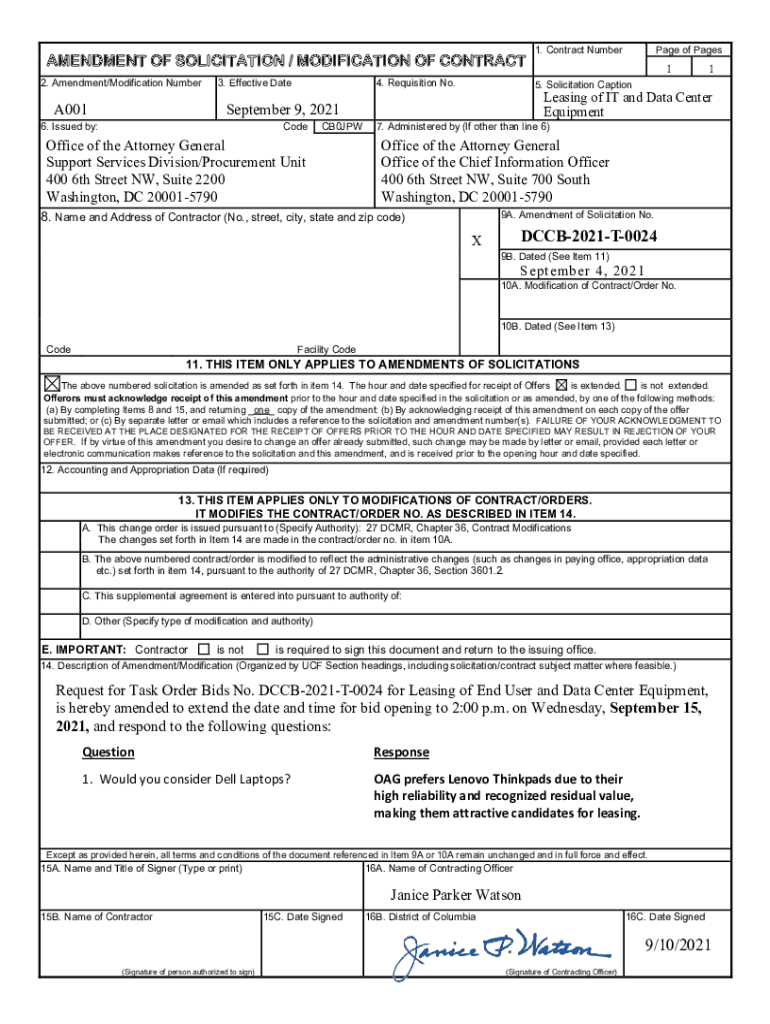 Fillable Online oag dc AMENDMENT OF SOLICITATION ... - Commissaries Fax Email Print - pdfFiller