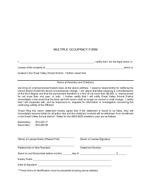 Fillable Online MULTIPLE OCCUPANCY FORM - Great Valley School District ...