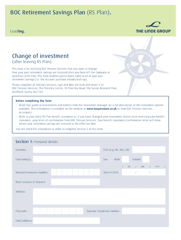 Fillable Online BOC Retirement Savings Plan (RS Plan). Leaving RS Plan ...