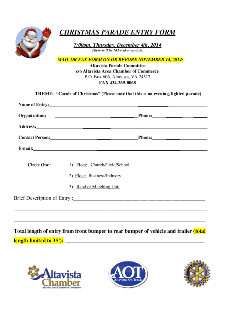 Fillable Online CHRISTMAS PARADE ENTRY FORM - Altavista Chamber of ...