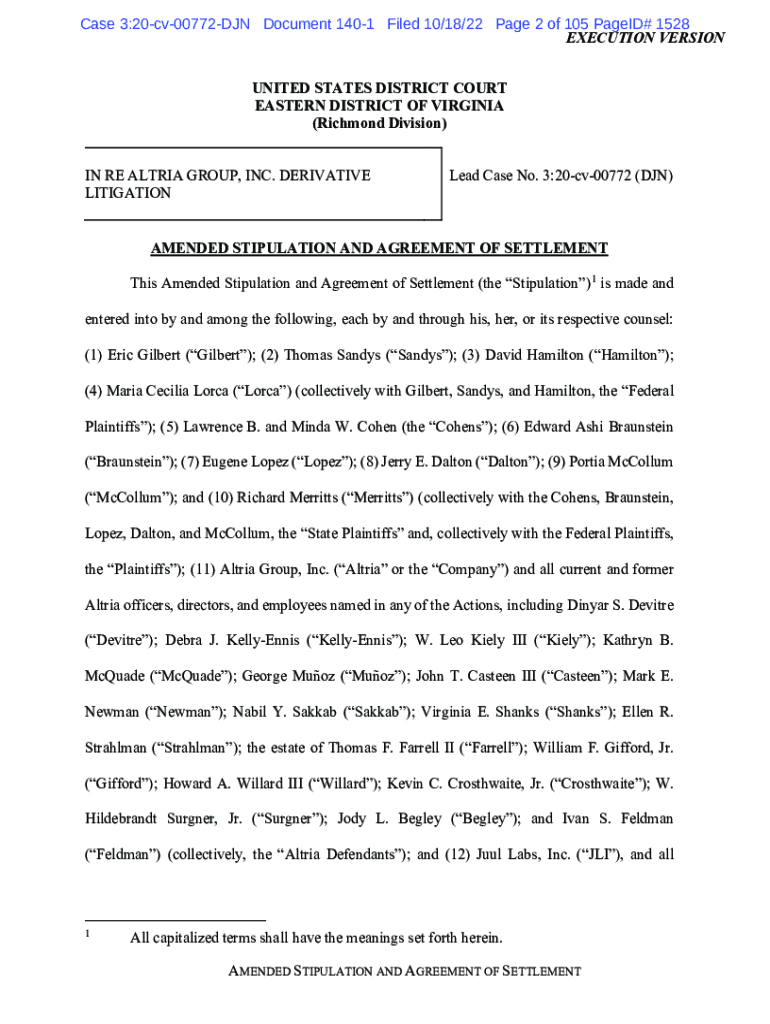 Fillable Online Amended Stipulation and Agreement of Settlement. Amended Stipulation and ...