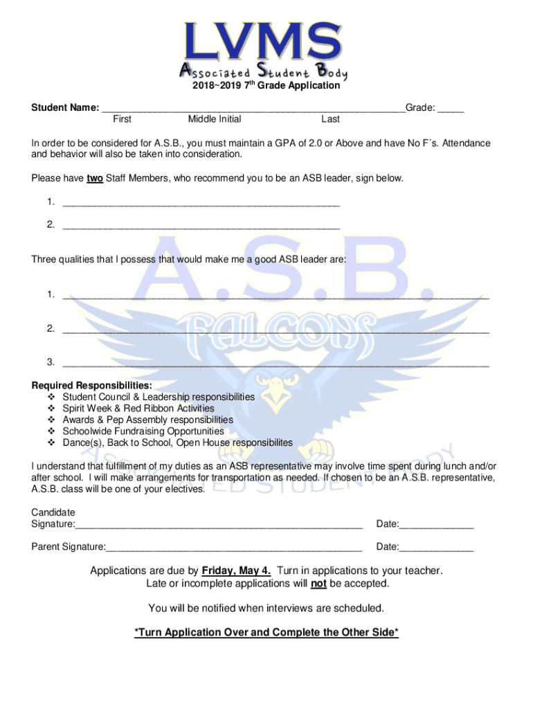 Fillable Online Leadership Program, Class Officer and ASB Application ...