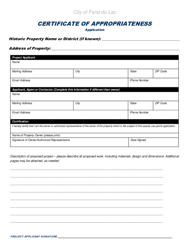 Fillable Online Certificate of Appropriateness Application and ...