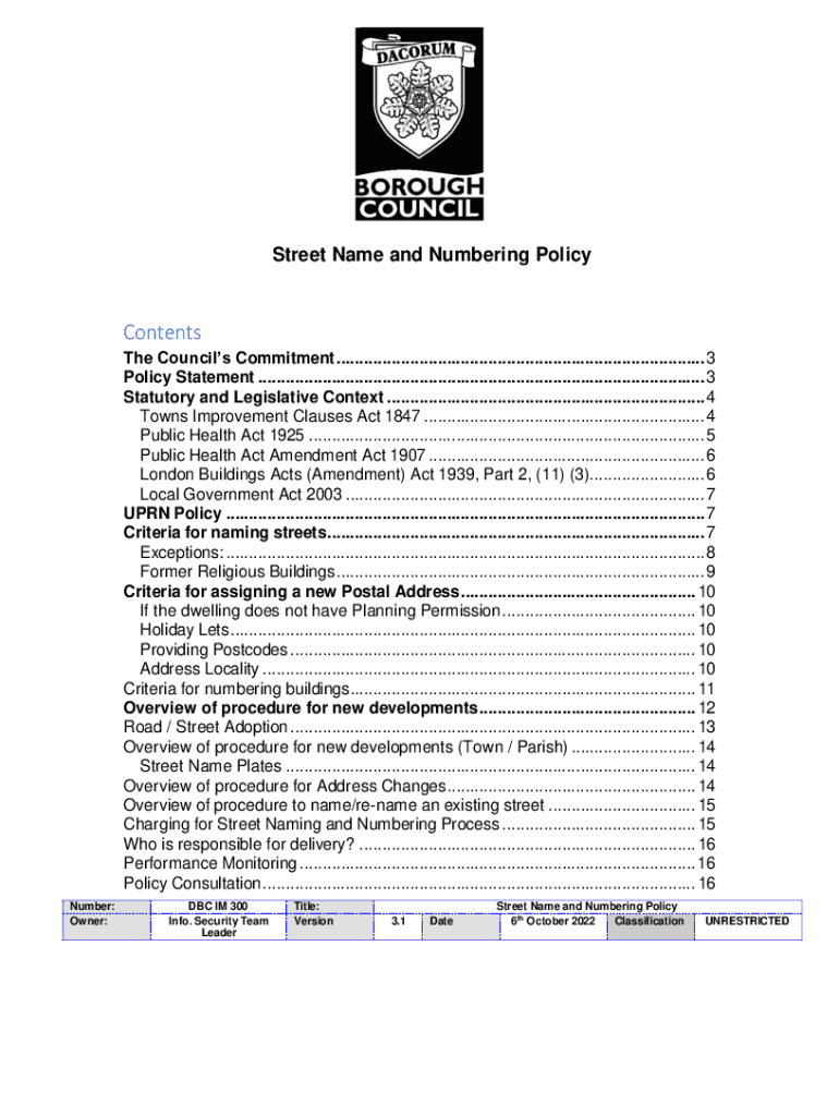 Fillable Online Street Name and Numbering Policy. Street Name and ...