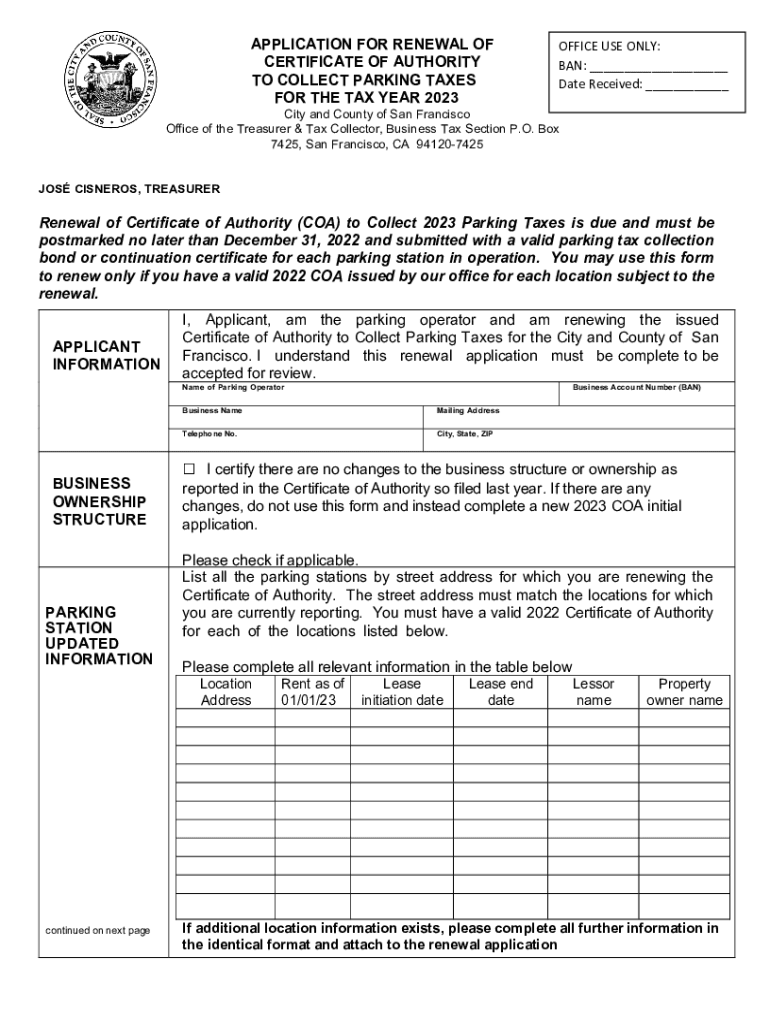 Fillable Online Certificate of Authority to Collect Parking Taxes (COA) General ... Fax Email ...