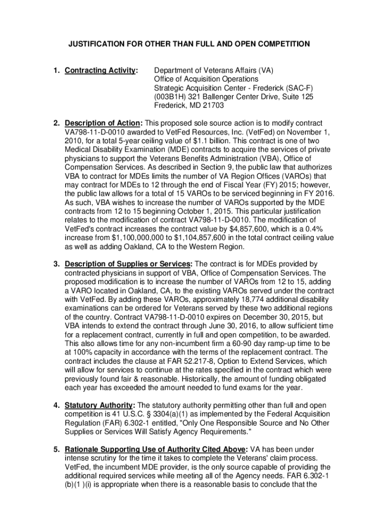 Fillable Online Justification for Other than Full and Open Competition ...