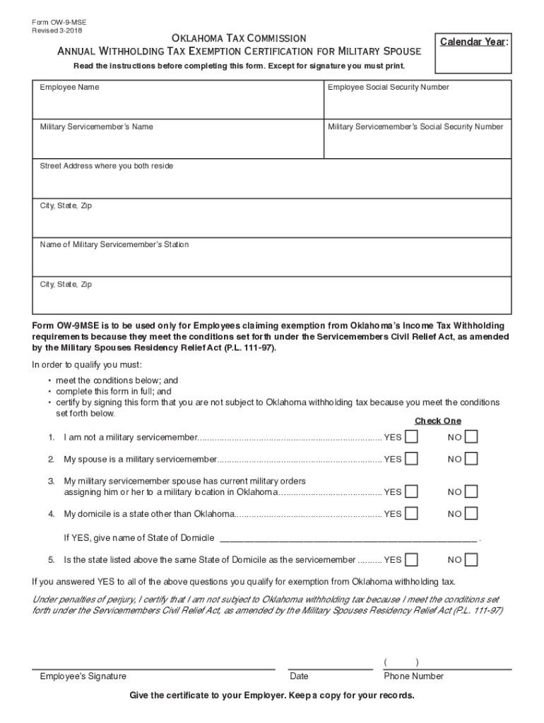 Fillable Online Form OW-9-MSE Annual Withholding Tax Exemption ... Fax ...