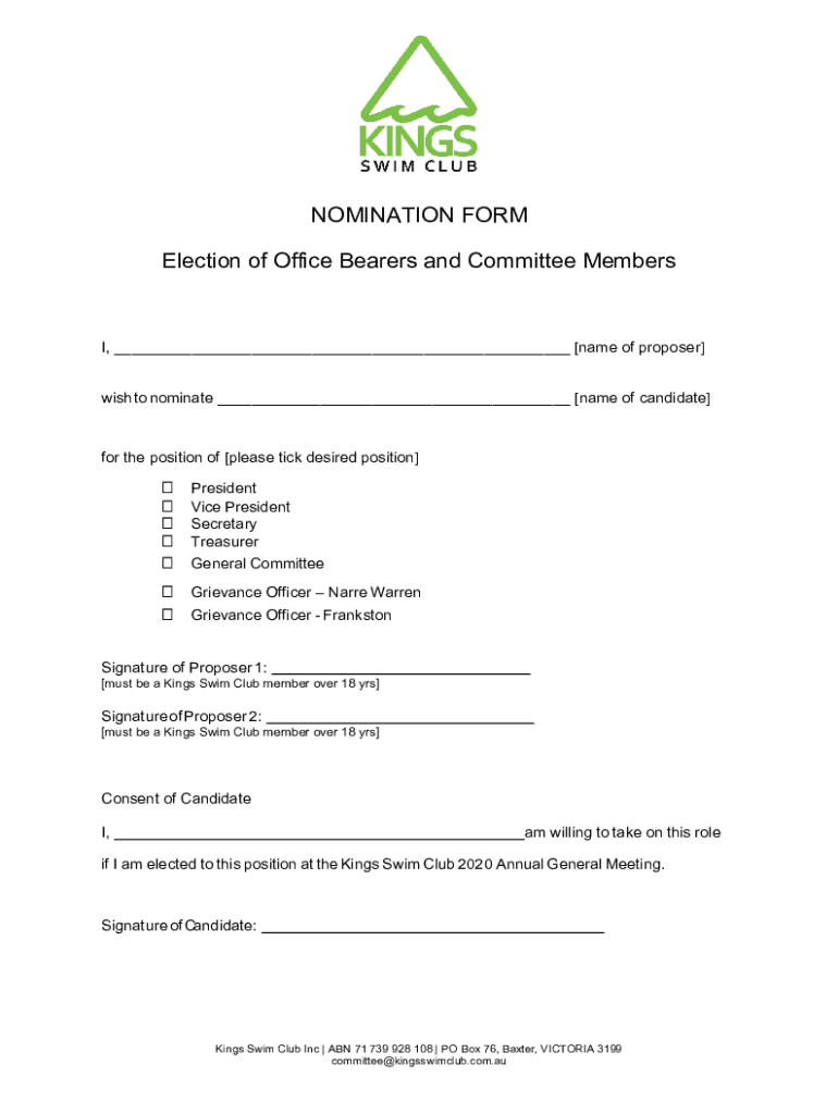 Fillable Online Parents' Club Elections Nomination Form for Office Bearer ... Fax Email Print ...